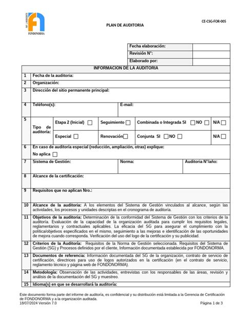 Ce Csg For 005 Plan De Auditoría De Sgc 2024 Pdf