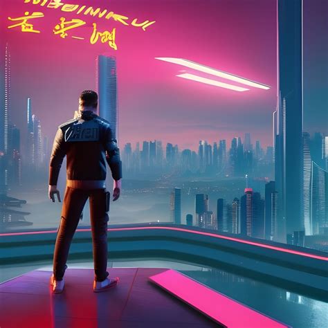 무료 사진 아파트에 서서 도시 풍경 그림을 보고 있는 남자 사이버 펑크 스타일의 일러스트레이션