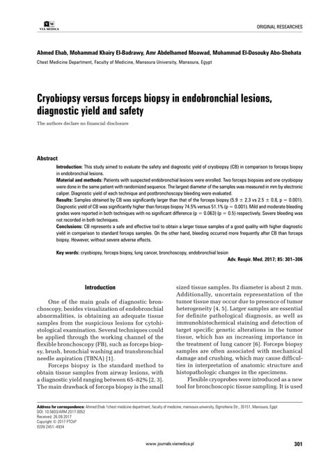 Pdf Cryobiopsy Versus Forceps Biopsy In Endobronchial Lesions Diagnostic Yield And Safety