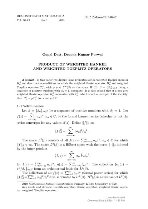 Pdf Product Of Weighted Hankel And Weighted Toeplitz Operators