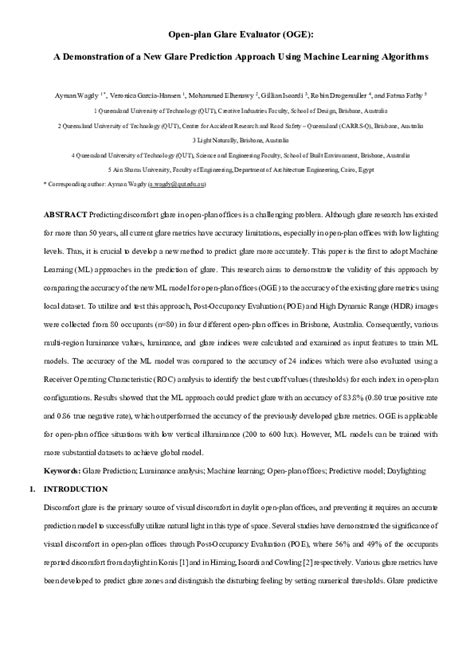 Pdf Open Plan Glare Evaluator Oge A New Glare Prediction Model For Open Plan Offices Using