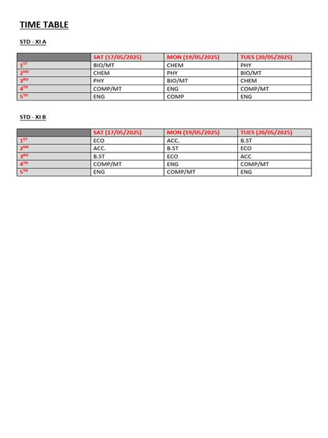 Class 11 Time Table Pdf