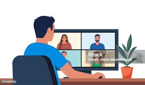 집단 가상 회의 및 그룹 화상 회의를 위해 컴퓨터를 사용하는 작업자 데스크톱에서 친구들과 온라인으로 채팅하는 남자 벡터 그림입니다 격리에 대한 스톡 벡터 아트 및 기타
