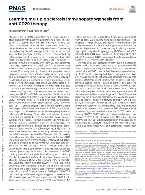 Pdf Learning Multiple Sclerosis Immunopathogenesis From Anti Cd20 Therapy