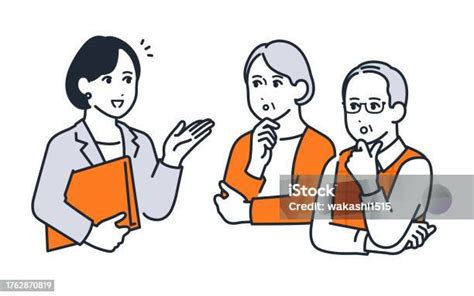 여성 플래너와 상담하는 시니어 커플의 간단한 벡터 일러스트 소재 50 59세에 대한 스톡 벡터 아트 및 기타 이미지 50