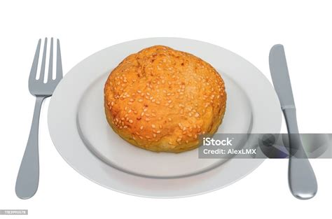 포크와 나이프가 달린 접시에 햄버거 빵 흰색 배경에 고립 된 3d 렌더링 3차원 형태에 대한 스톡 사진 및 기타 이미지 3차원 형태 개념 개념과 주제 Istock