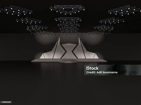 맞춤형 배경 디자인과 무대 계단이 있는 이벤트 무대 정면도 내부 홀 스포트라이트 천장 시스템 3d 렌더링 그림 0명에 대한 스톡 사진 및 기타 이미지 Istock