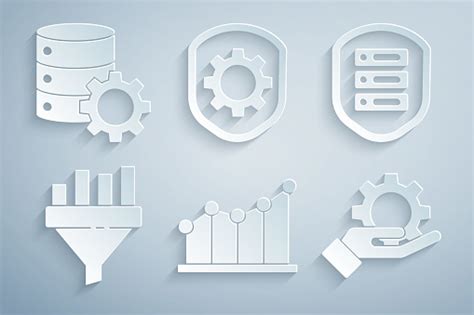 원형 차트 인포그래픽 방패가 있는 서버 판매 유입경로 핸드 설정 기어 쉴드 및 아이콘을 설정합니다 벡터 3차원 형태에 대한 스톡