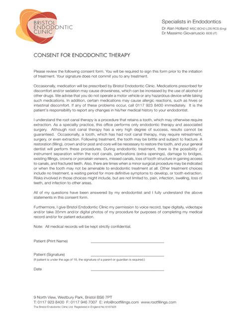 Fillable Online Consent For Endodontic Therapy Specialists In