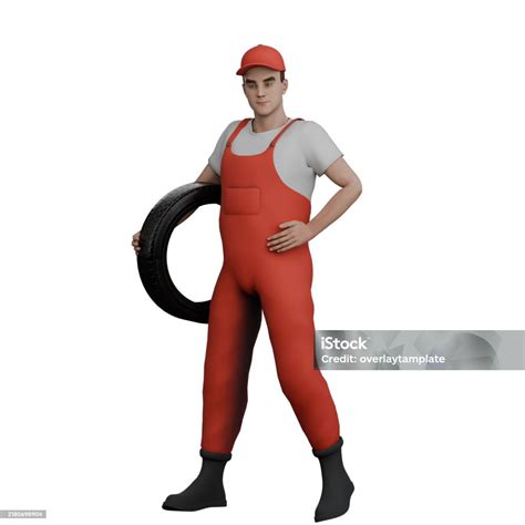 남성 정비사 전문 캐릭터 한 남성 정비공이 오른손에는 자동차 타이어를 들고 왼손은 허리에 얹고 서 있다 3d 일러스트레이션 기계 공학에 대한 스톡 사진 및 기타 이미지