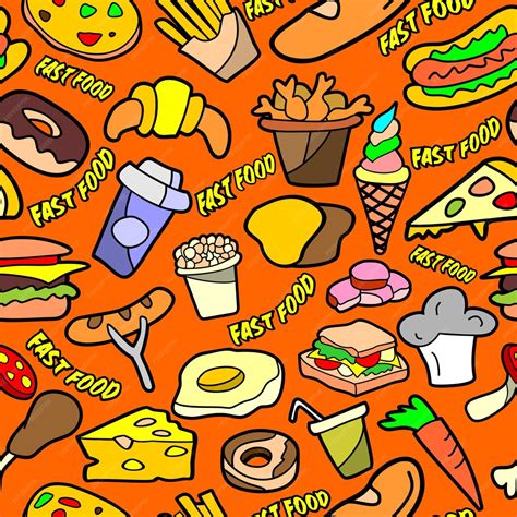 패스트 푸드 원활한 패턴 벡터 그린 낙서 만화 패스트 푸드의 테마 설정 프리미엄 벡터