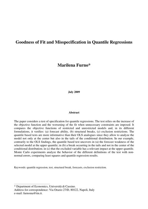 Pdf Goodness Of Fit And Misspecification In Quantile Regressions