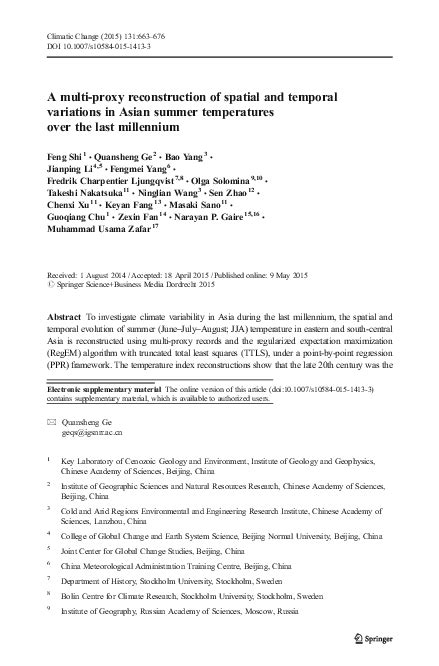 Pdf A Multi Proxy Reconstruction Of Spatial And Temporal Variations