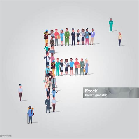 큰 사람들 군중 수집 모양 문자 F 다른 직업 직원 그룹 함께 영어 알파벳 개념 전체 길이 서 대형에 대한 스톡 벡터 아트 및
