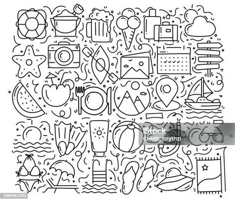 여름과 해변 관련 개체 및 요소 손으로 그린 벡터 낙서 일러스트 레이션 컬렉션 손으로 그린 패턴 디자인 패턴에 대한 스톡 벡터