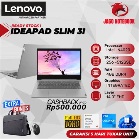 Promo Lenovo Ideapad Slim 3i 14 N4020 4gb 512ssd W10 Ohs 140fhd Plus