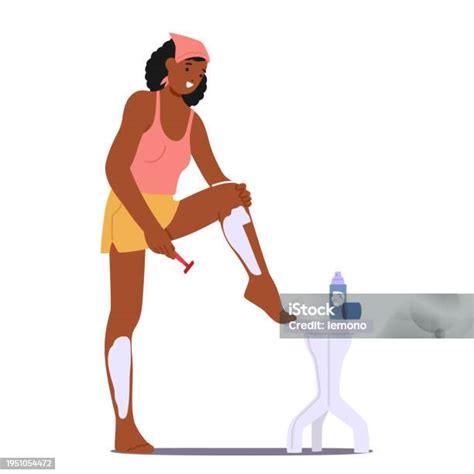 흑인 여자 캐릭터는 꼼꼼하게 그녀의 다리를 면도하고 면도기로 부드러운 스트로크를 적용 벡터 일러스트 레이 션 깨끗한에 대한 스톡 벡터 아트 및 기타 이미지 Istock