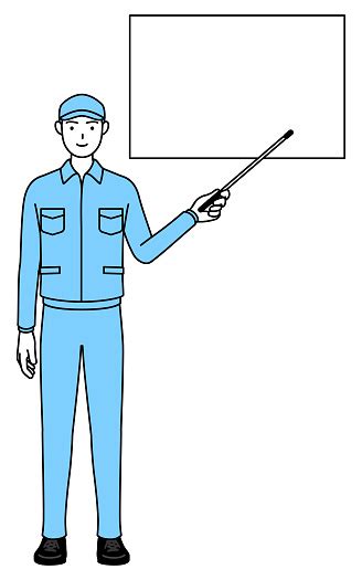 모자를 쓰고 작업복을 입은 남자가 표시기 막대기로 화이트보드를 가리키고 있다 가리키기에 대한 스톡 벡터 아트 및 기타 이미지 가리키기 강사 고용과 노동 Istock