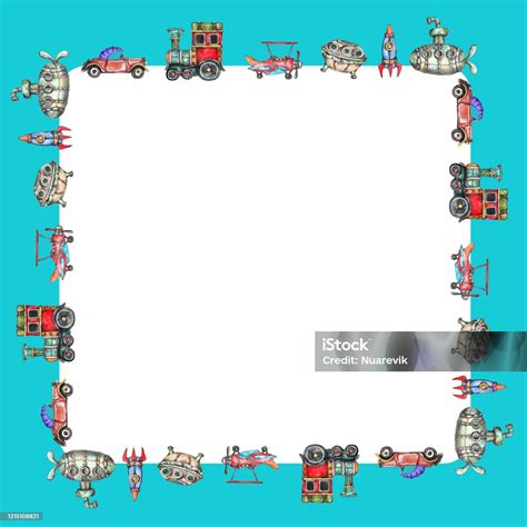 텍스트 공간으로 수채화 손 그린 예술 라인 아트 복고풍 증기 펑크 차량 프레임 빈티지 인사말 카드 모형 템플릿 0명에 대한 스톡 벡터 아트 및 기타 이미지 Istock