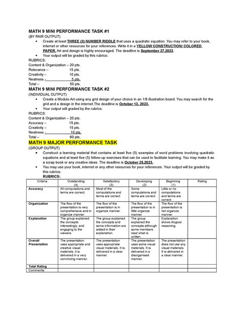 Math 9 Performance Task Math 9 Mini Performance Task By Pair Output