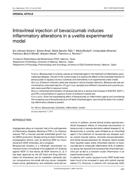 Pdf Intravitreal Injection Of Bevacizumab Induces Inflammatory Alterations In A Uveitis