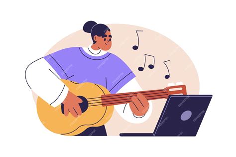 온라인 음악 수업에서 어쿠스틱 기타를 연주하는 학생 온라인 비디오 튜토리얼에 의해 공부하는 현악기를 가진 여성 원격 교육 개념