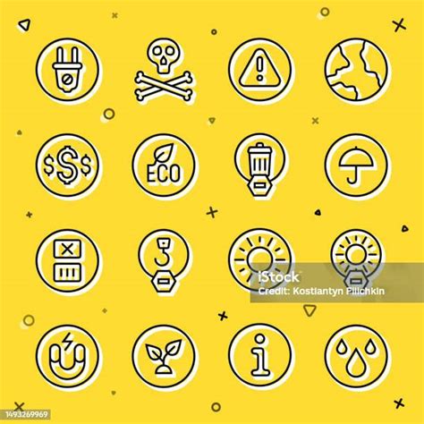 세트 라인 물방울 직사광선 없음 우산이 있는 배달 패키지 삼각형의 느낌표 잎 에코 기호 달러 전기 플러그 및 쓰레기통 아이콘 벡터 건설 산업에 대한 스톡 벡터 아트 및 기타