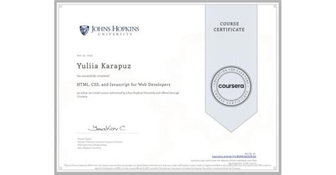 yuliia k on linkedin completion certificate for html css and javascript for web developers
