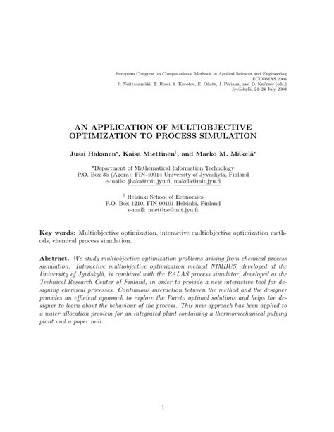 Pdf An Application Of Multiobjective Optimization To Process Simulation