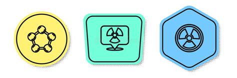 Set Line Molecule Radioactive In Location And Colored Shapes Stock
