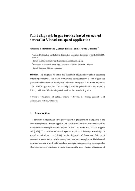 Pdf Fault Diagnosis In Gas Turbine Based On Neural Networks Vibrations Speed Application
