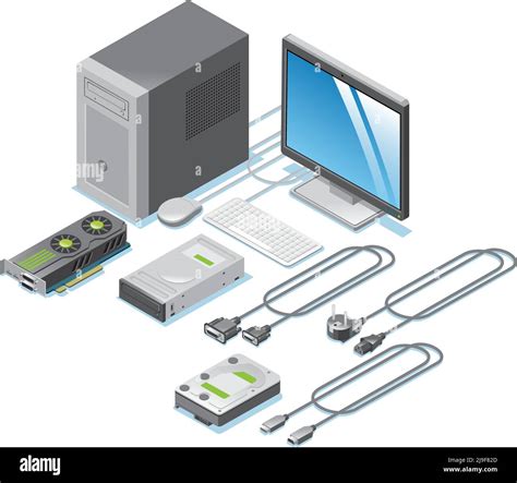 Isometric Computer Parts Collection With Monitor Video Card Drives Cable Wires Keyboard Mouse