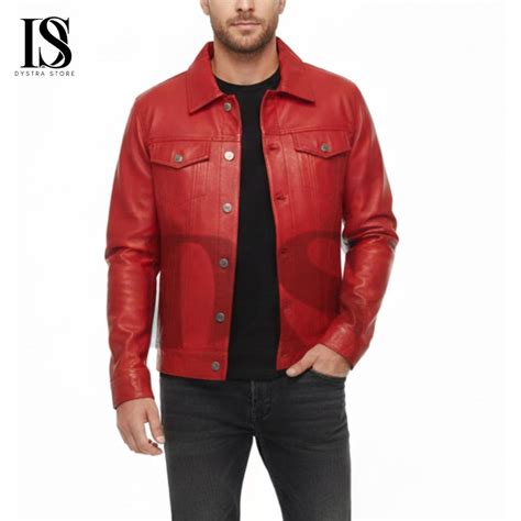 Handmade Mens Red Leather Trucker Jacket Classic Western Style