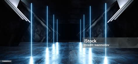 경로 포털 미래 지향적 인 레이저 네온 빛나는 블루 공상 과학 소설 어두운 빈 우주선 외계인 복도 터널 반사 콘크리트 그런 지 활기찬 가상 현실 현대 홀 지하철 3d 렌더링