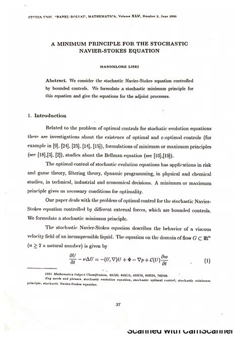 Pdf A Minimum Principle For The Stochastic Navier Stokes Equation