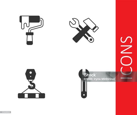 렌치 스패너 페인트 롤러 브러시 크레인 후크 및 망치 및 렌치 아이콘을 설정합니다 벡터 싣기에 대한 스톡 벡터 아트 및 기타 이미지 Istock