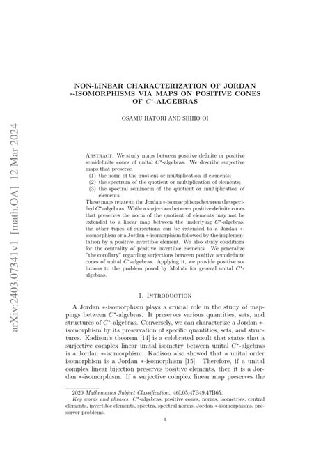 Pdf Non Linear Characterization Of Jordan Isomorphisms Via Maps On Positive Cones Of C