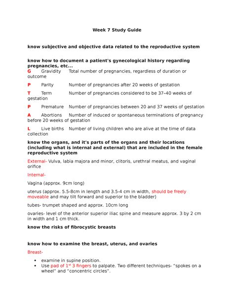 Week Study Guide Week Study Guide Know Subjective And Objective Data Related To The Studocu