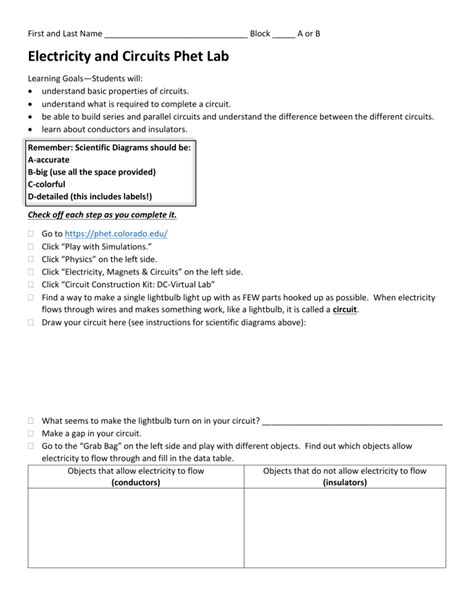 Electricity And Circuits Phet Lab Worksheet