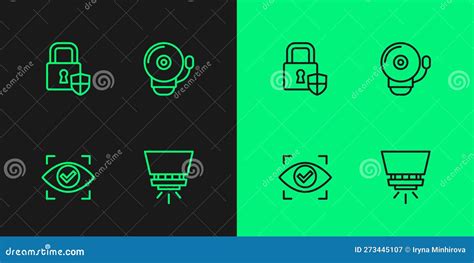 Set Line Fire Sprinkler System Eye Scan Shield Security With Lock And Ringing Alarm Bell Icon