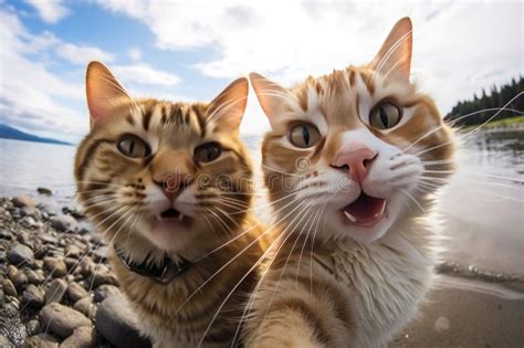 Dos Gatos Graciosos Se Toman Un Selfie En La Playa Humor Creado Con Inteligencia Artificial