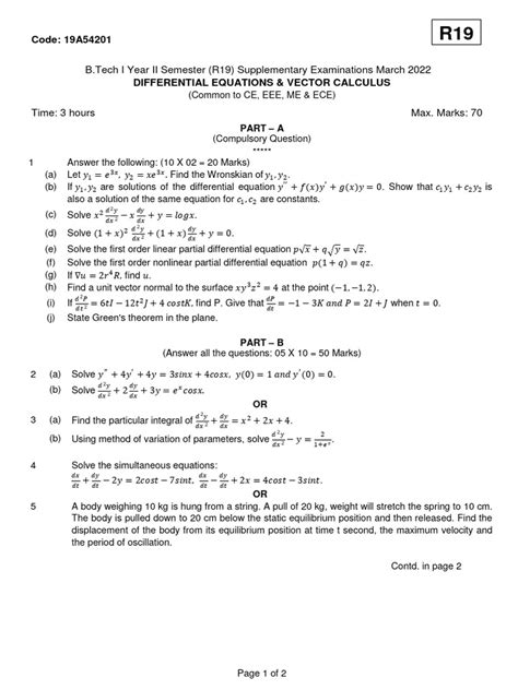 19a54201 Differential Equations And Vector Calculus R19 Supply March 2022 Download Free Pdf