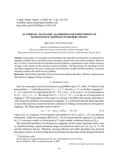 Pdf An Inertial Mann Like Algorithm For Fixed Points Of Nonexpansive Mappings In Hilbert Spaces