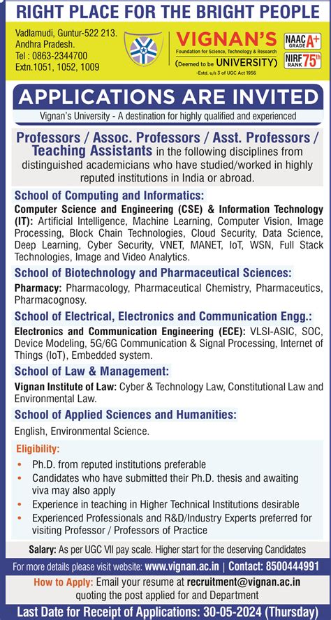 Vignan S Foundation For Science Technology Research Guntur Faculty Openings Facultytub