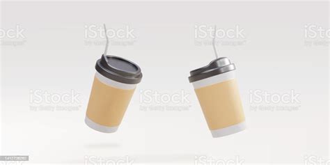 흰색 배경에 짚이있는 3d 두 개의 종이 커피 컵 벡터 일러스트레이션 0명에 대한 스톡 벡터 아트 및 기타 이미지 0명