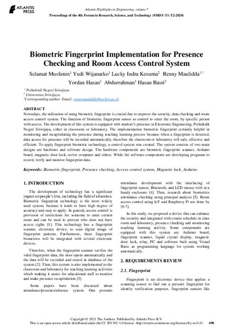 Pdf Biometric Fingerprint Implementation For Presence Checking And Room Access Control System