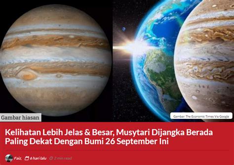 planet musytari dijangka berada pada kedudukan paling dekat dengan bumi malam ini