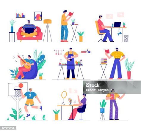 현대인들은 기타를 연주하고 책을 읽고 정원 가꾸기 게임 블로깅 팟 캐스트를 읽습니다 취미 일 여가를 즐기는 남자와 여자의 집합 플랫 만화 스타일의 벡터 일러스트레이션 취미에