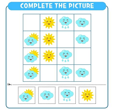 태양과 구름의 그림을 완성하세요 어린이를 위한 교육용 게임 워크시트 스도쿠 프리미엄 벡터