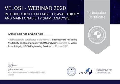 Certificate Of Completion Reliability Availability And Maintainability Ram Analysis Online